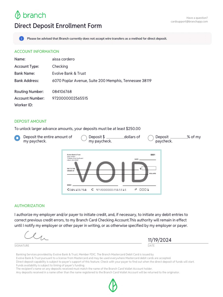 Direct Deposit Enrollment for Evolve Bank | PDF | Banks | Debit Card