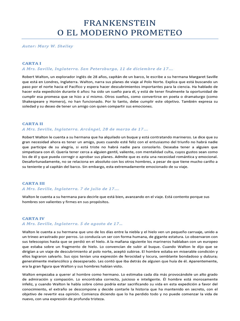 Resumen Libro Frankenstein Por Capítulos | PDF | Frankenstein | Amor