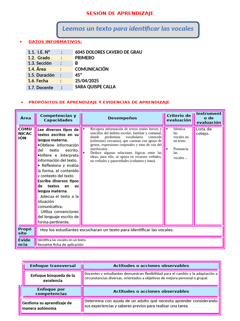 D2 A2 Sesion Com. Leemos para Identificar Las Vocales | PDF ...
