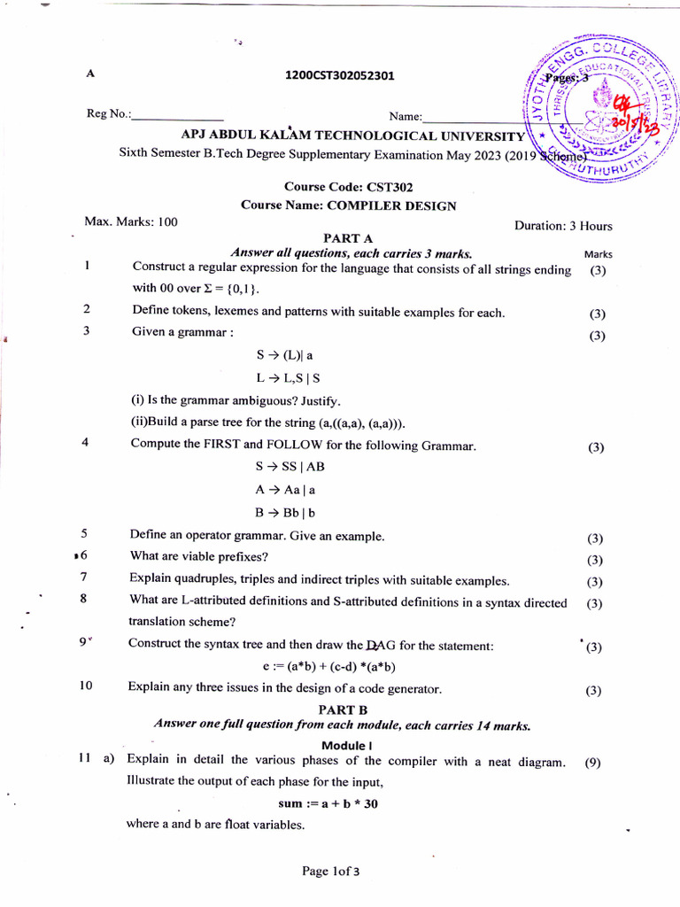 Compiler Design Exam Questions | PDF | Parsing | Computer Programming