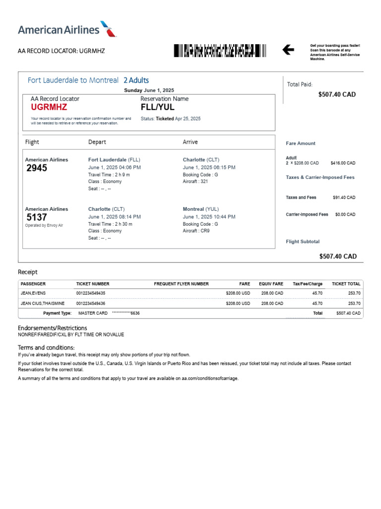 Print Trip and Receipt - Your Trip Details - American Airlines | PDF ...