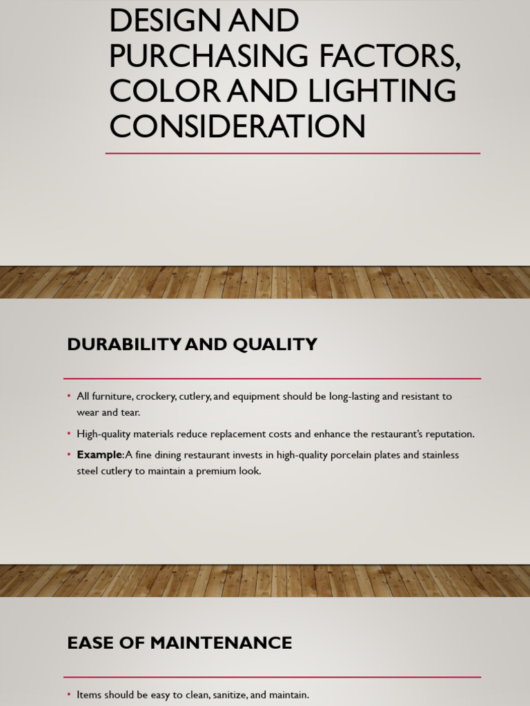 Design and Purchasing Factors J Color and Lighting Consideration | PDF | Restaurants | Lighting