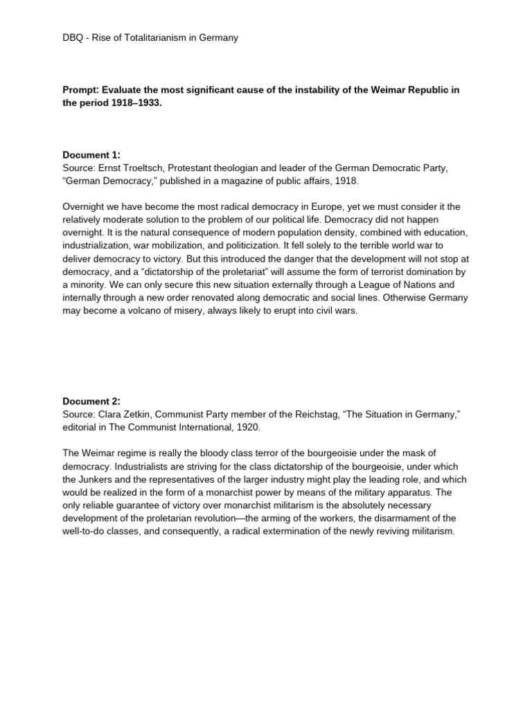 DBQ - Rise of Totalitarianism in Germany | PDF | Weimar Republic | Nazism