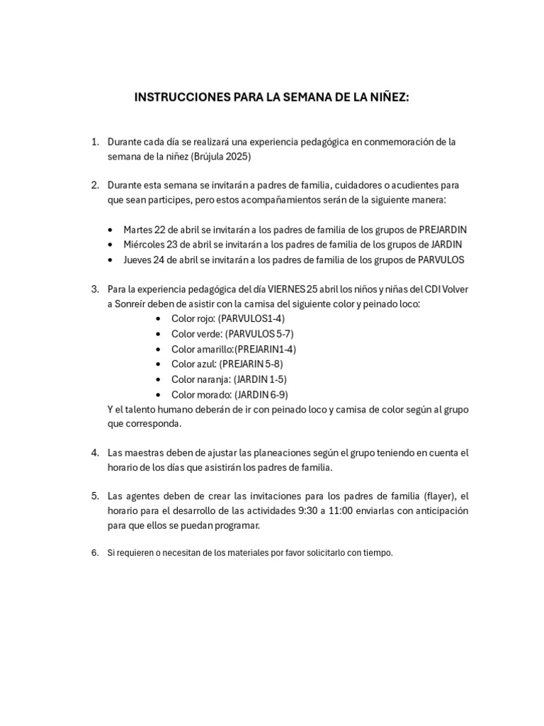 Instrucciones Semana de la Niñez 2024 | PDF