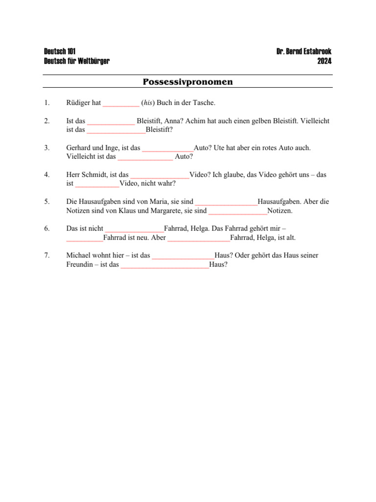 101 - Possessive Adjective Exercise German Study | PDF