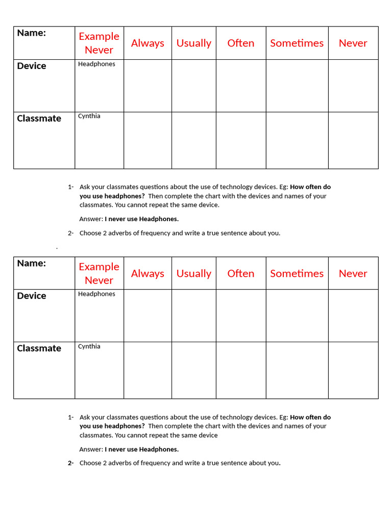 Bingo adverbs of frequency | PDF