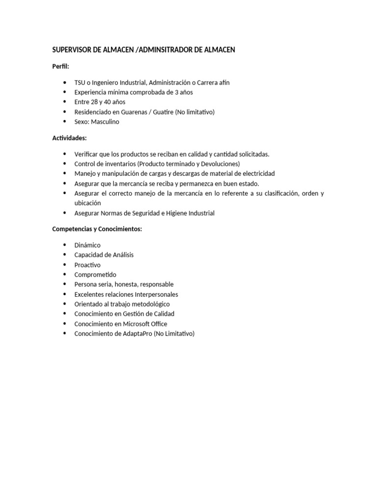 Supervisor de Almacén: Requisitos y Funciones | PDF