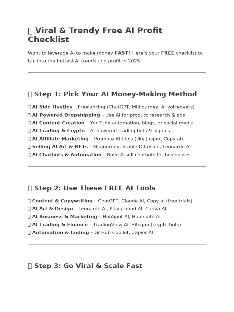 Viral & Trendy Free AI Profit Checklist: Step 1: Pick Your AI Money-Making Method | PDF