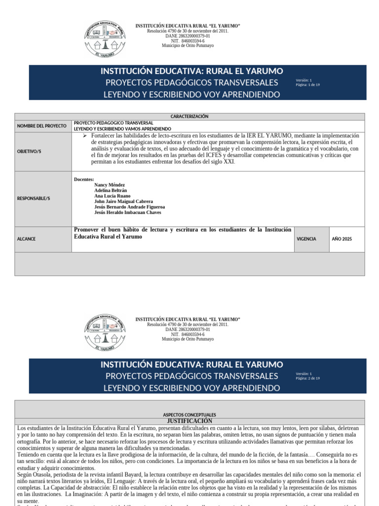 Proyecto Transversal Leyendo y Escribiendo Voy Aprendiendo 2025 ...