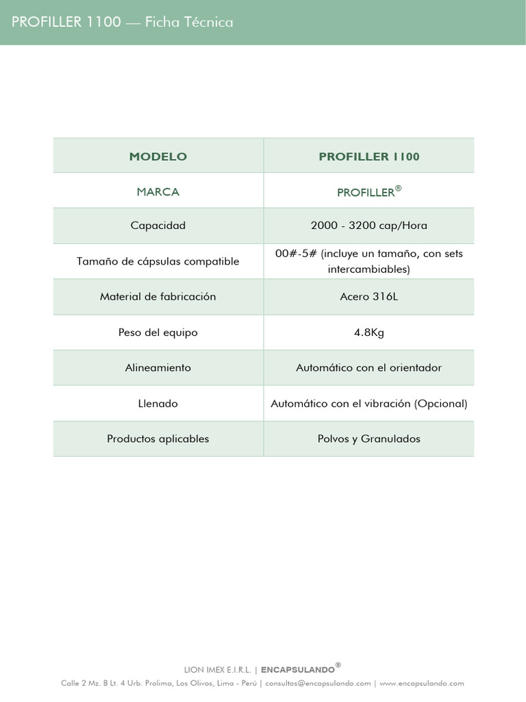 Parametros Técnicos ProFiller 1100 | PDF