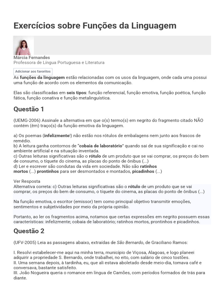 Exercicios Sobre Funcoes Da Linguagem Toda Materia Com Respostas | PDF