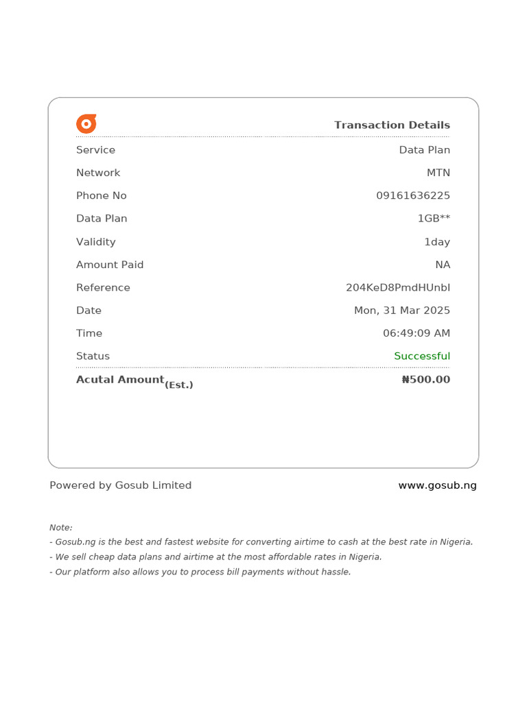 MTN Data Plan Transaction Summary | PDF