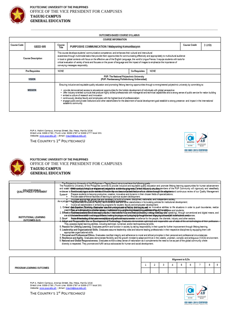 SYLLABUS-PURPOSIVE-COMMUNICATION | PDF | Communication