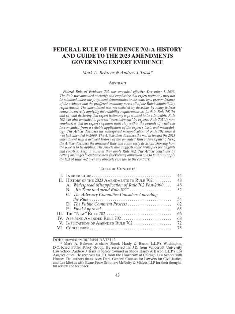 Federal Rule of Evidence 702 A History and Guide | PDF | Daubert ...