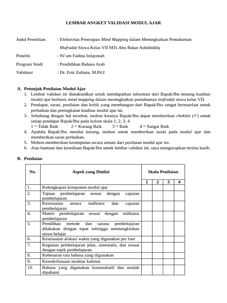 Lembar Angket Validasi Modul Ajar | PDF