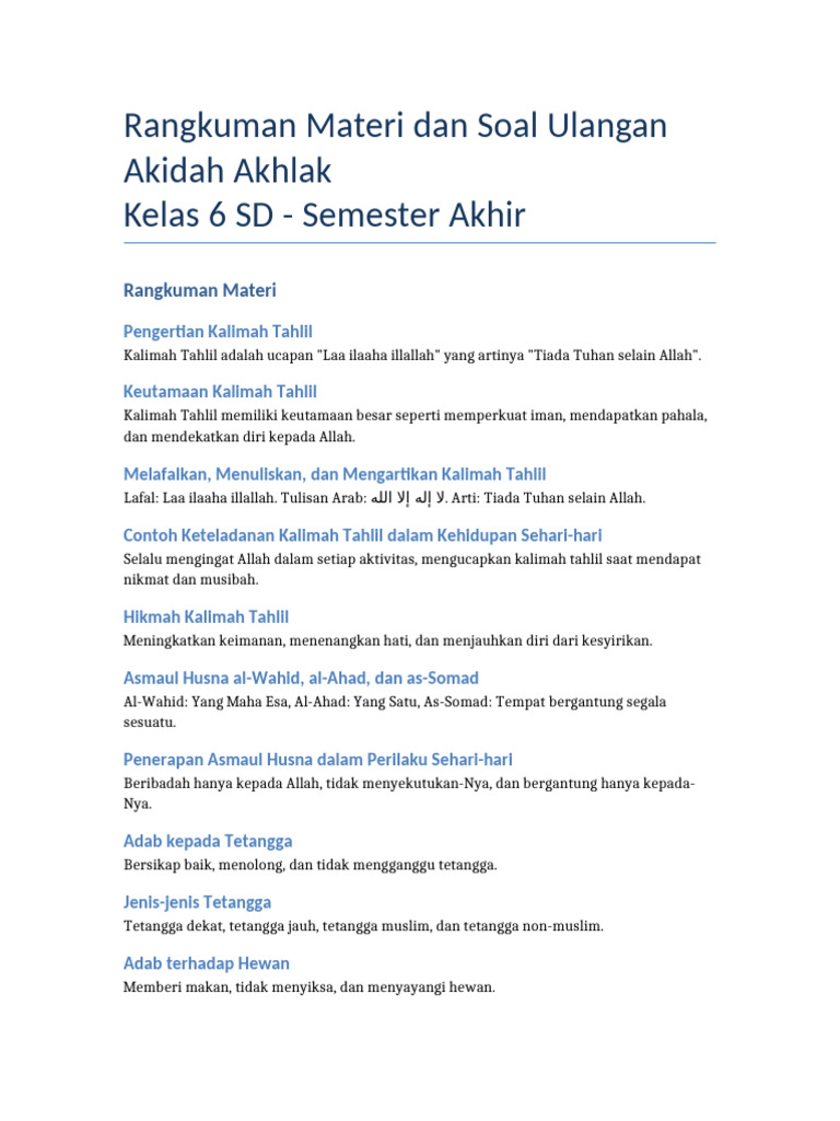 Rangkuman Akidah Akhlak Kelas6 UAS | PDF
