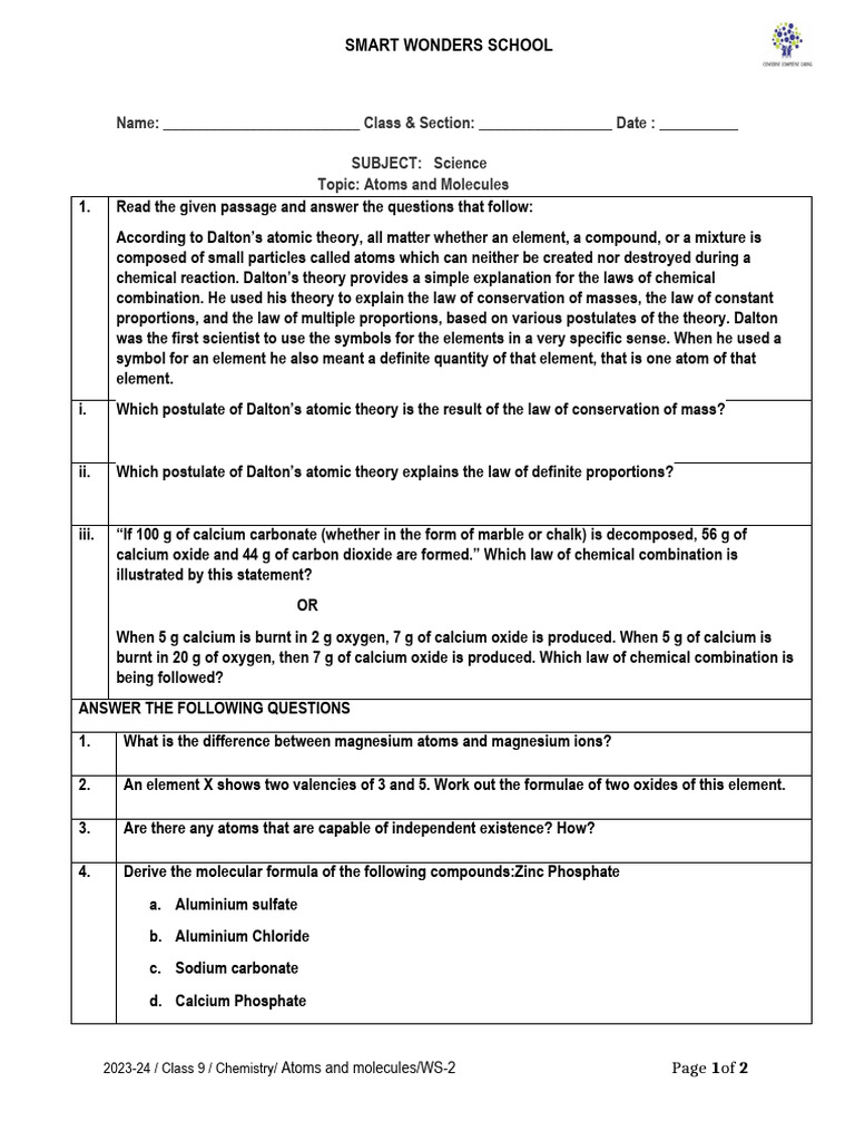 Atoms and Molecules: Class 9 Science Worksheet | PDF | Valence (Chemistry) | Chemical Compounds