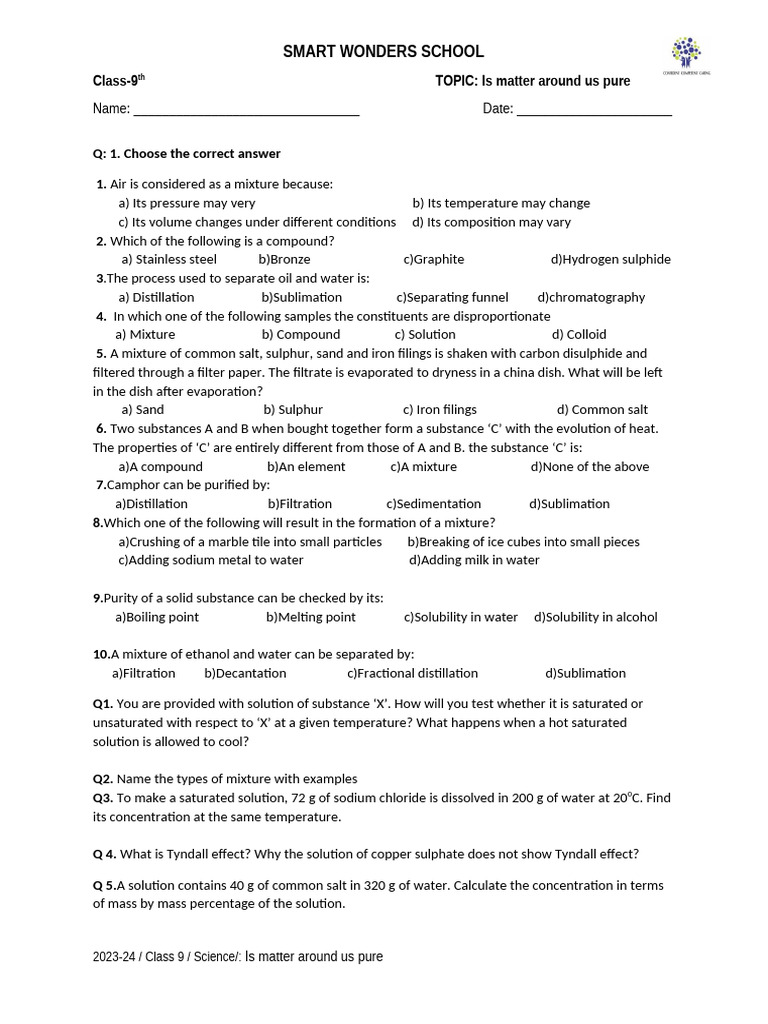 Resource 20230818124312 Ws Class 9 Is Matter Around Us Pure | PDF | Mixture | Physical Sciences