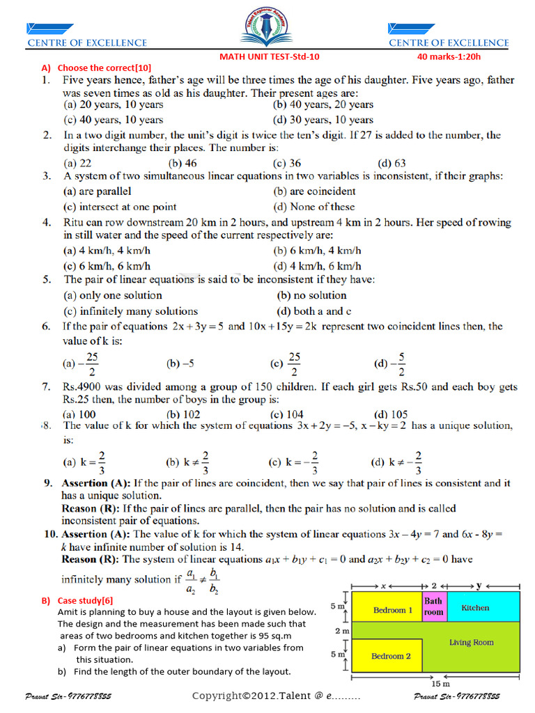 MATH UNIT TEST-Std-10 | PDF