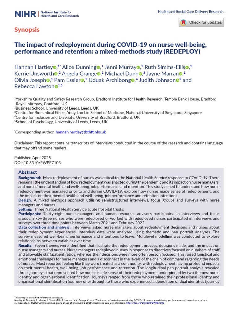 The Impact of Redeployment During COVID-19 On Nurse Well-Being ...
