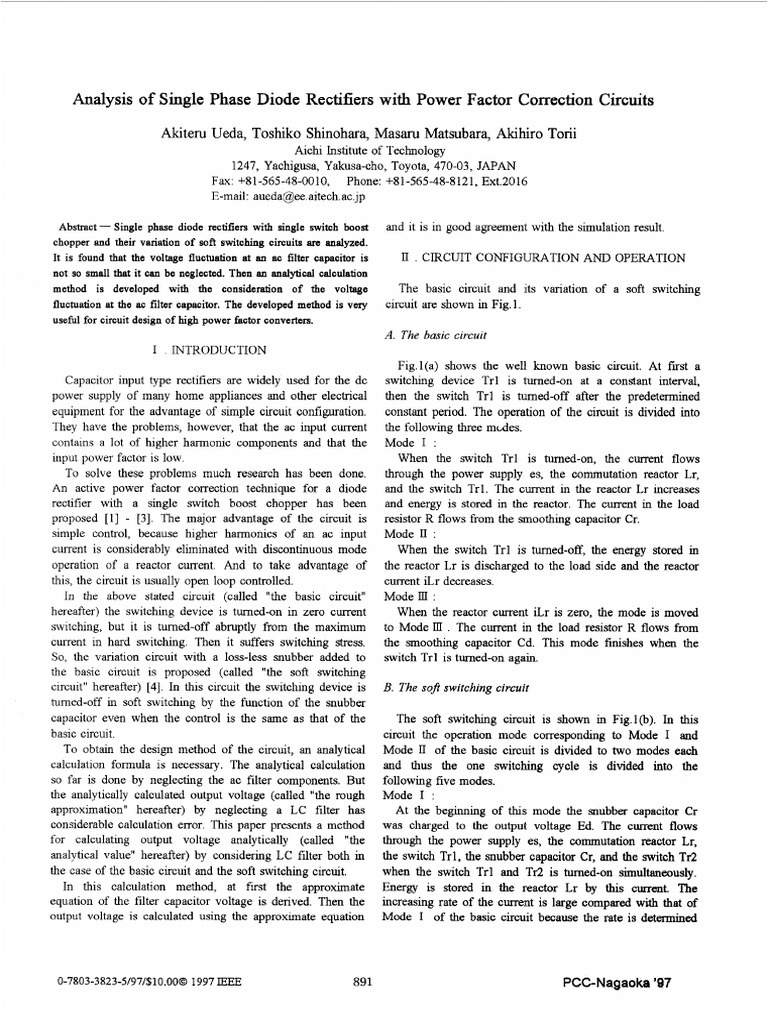 Analysis of Single Phase Diode Rectifiers With Power Factor Corr | PDF | Rectifier | Capacitor