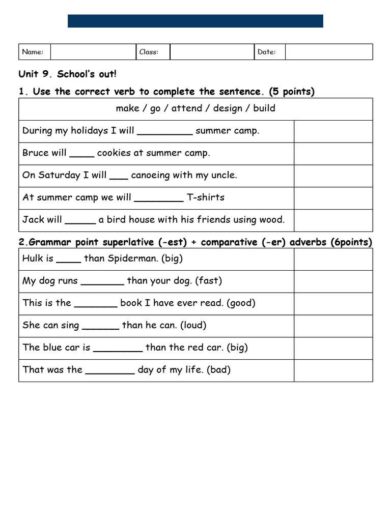 Unit 9 Practice Test: Summer Camp | PDF