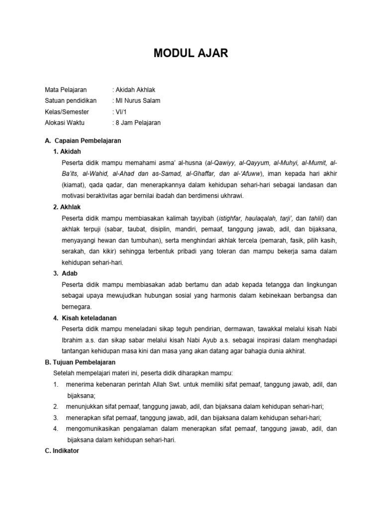 Modul Ajar Akidah Akhlak 2024 | PDF