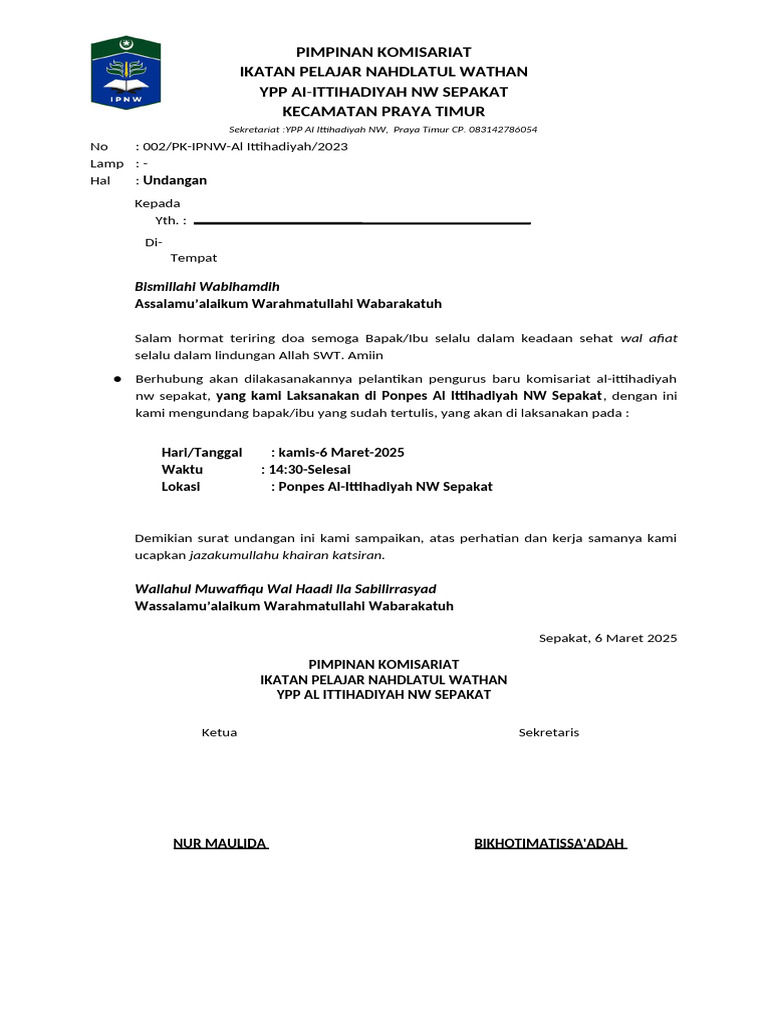 Undangan Pelantikan Pengurus IPNW 2025 | PDF