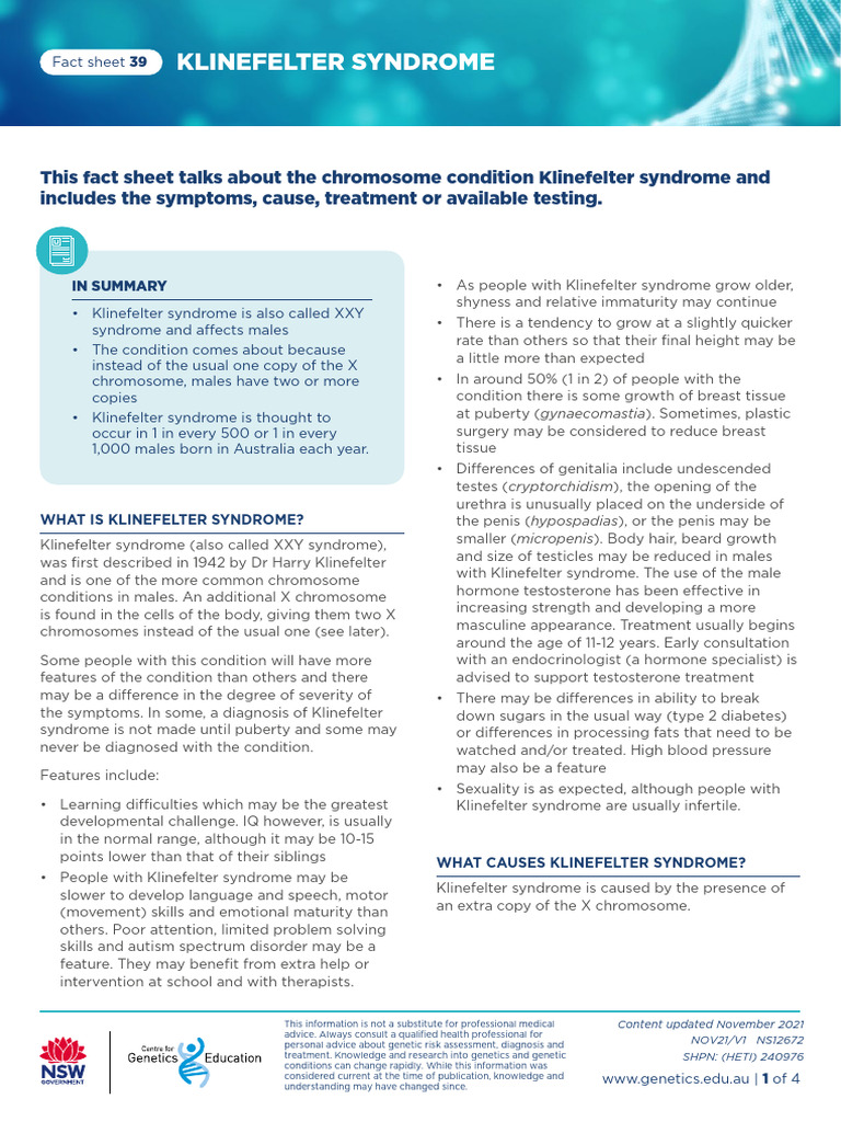Klinefelter Syndrome Fact sheet-CGE | PDF | Karyotype | Chromosome