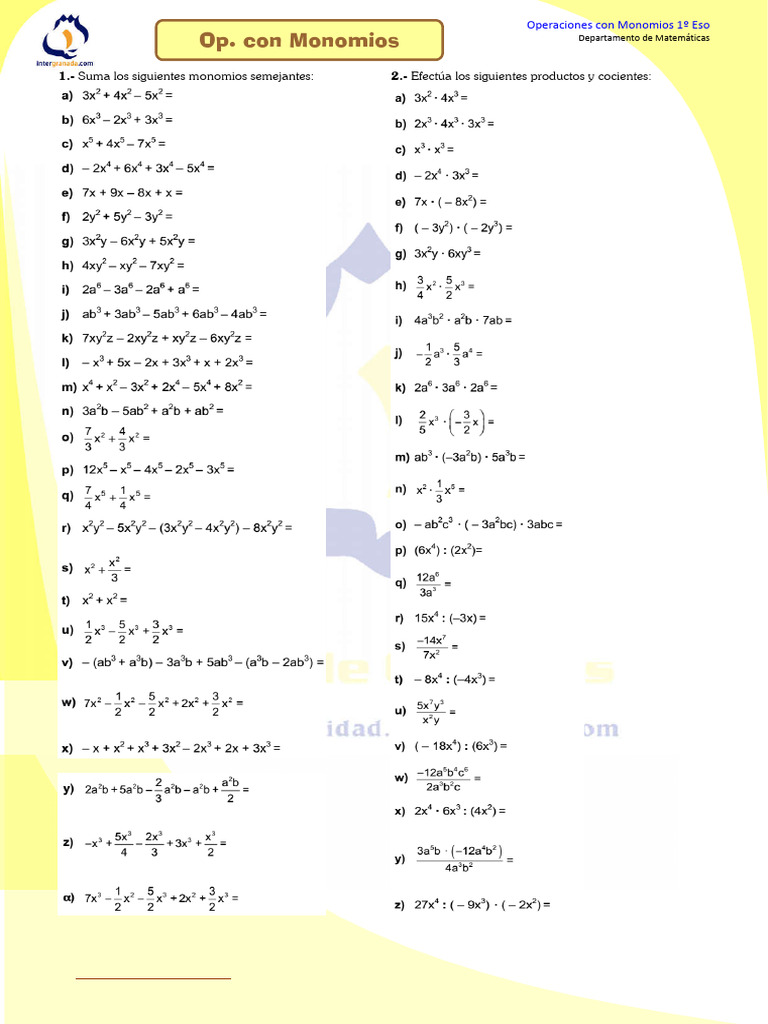 Operaciones Con Monomios | PDF | Multiplicación | Matemática Elemental