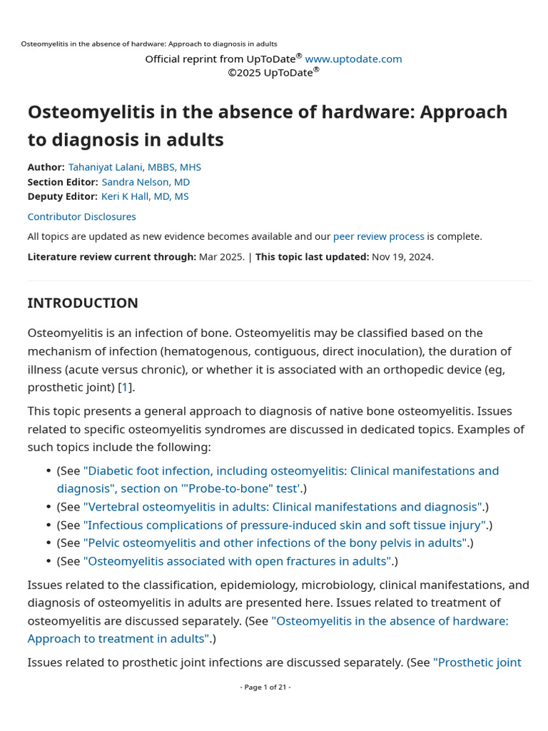 Osteomyelitis in The Absence of Hardware - Approach To Diagnosis in Adults | PDF | Medical ...