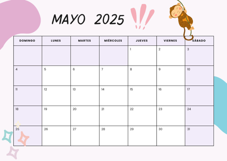 Documento A4 Calendario Mayo 2025 Almanaque Imprimir Minimalista Lila | PDF
