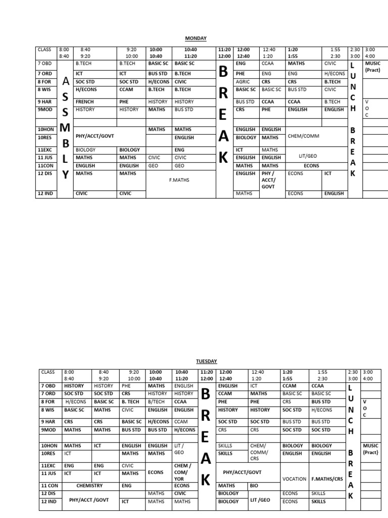 FINAL BOARDING SCHOOL TIMETABLE_025325 | PDF