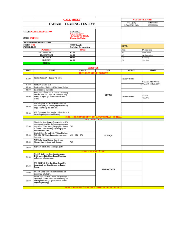 Call Sheet Faham - Teasing Festive - 2911 - Call Sheet | PDF