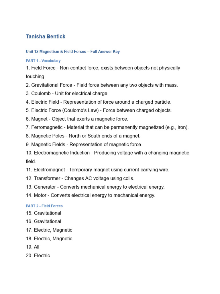 Magnetism & Field Forces Answer Key | PDF | Magnetism | Magnetic Field
