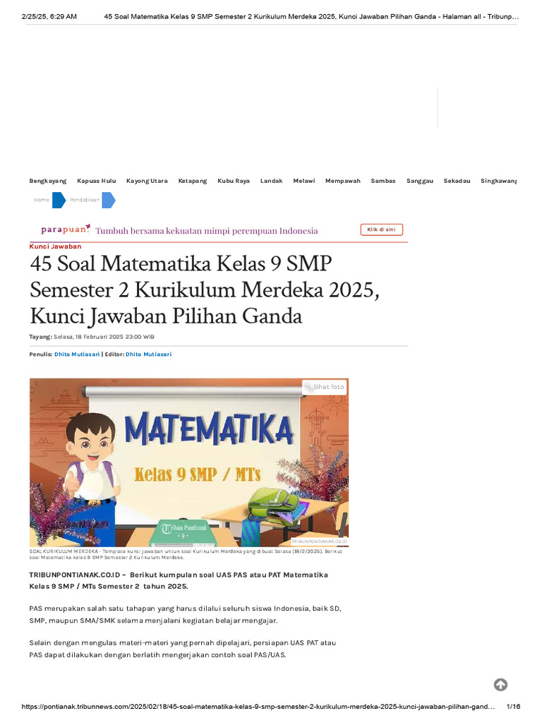 45 Soal Matematika Kelas 9 SMP Semester 2 Kurikulum Merdeka 2025, Kunci Jawaban Pilihan Ganda ...