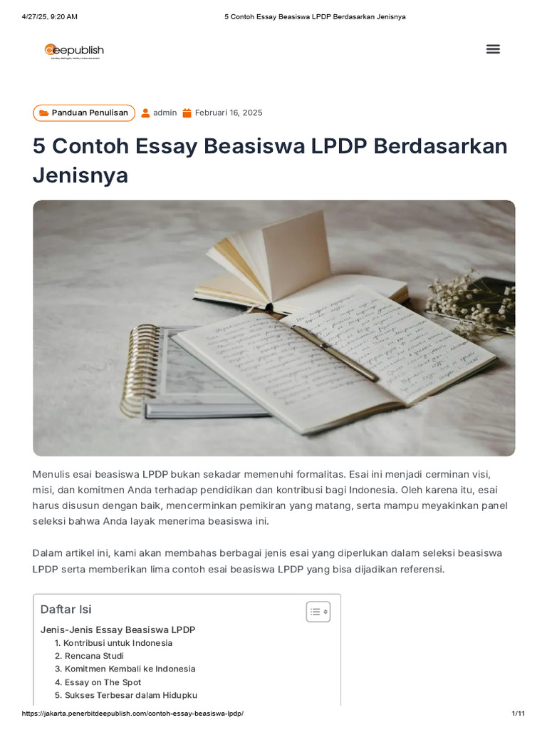5 Contoh Essay Beasiswa LPDP Berdasarkan Jenisnya | PDF