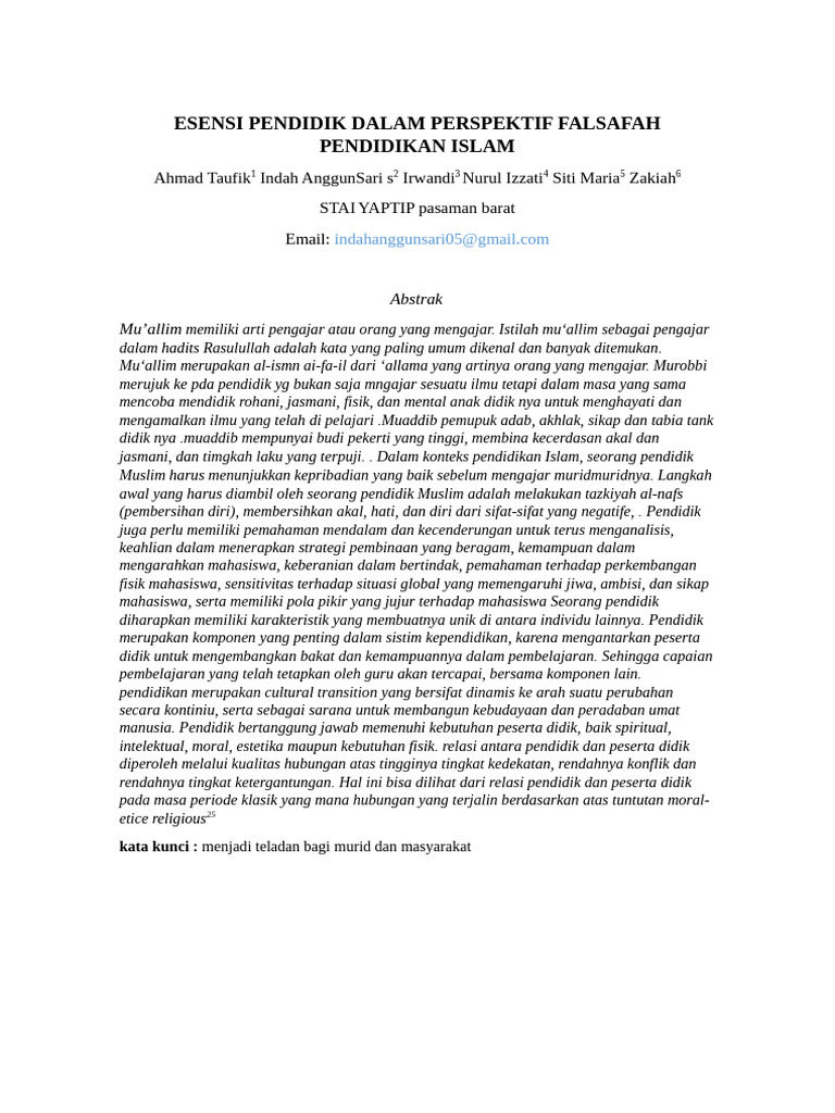ESENSI PENDIDIK DALAM PERSPEKTIF FALSAFAH PENDIDIKAN ISLAM | PDF