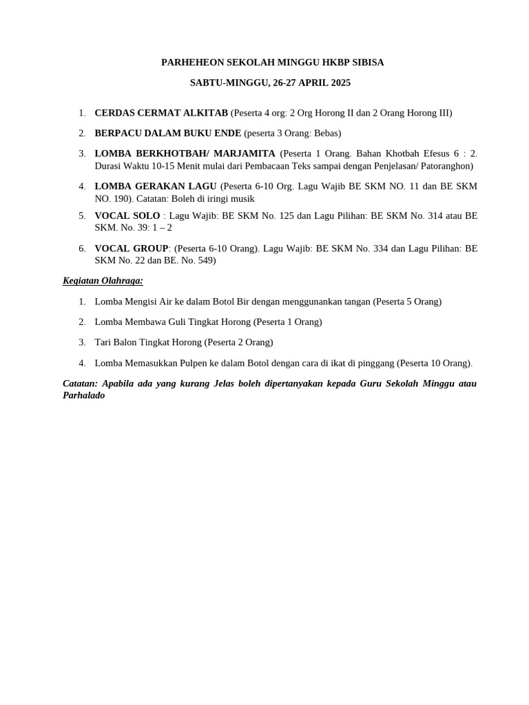 Parheheon Sekolah Minggu HKBP Sibisa | PDF