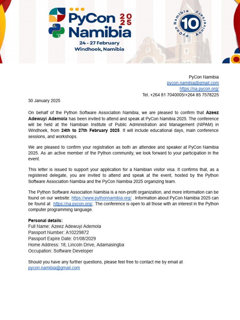 PyCon Namibia 2025 Invitation Letter | PDF