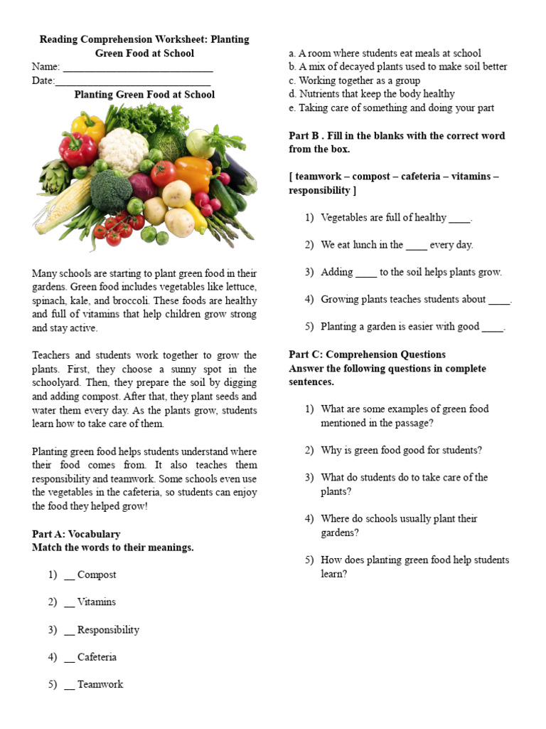 Green Food Reading Comprehension Worksheet | PDF | Foods | Vegetables