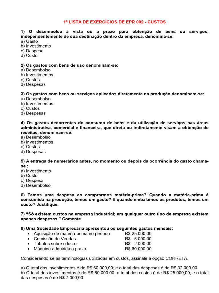 1 Lista de Exerccios de Custos | PDF | Custo | Investimentos