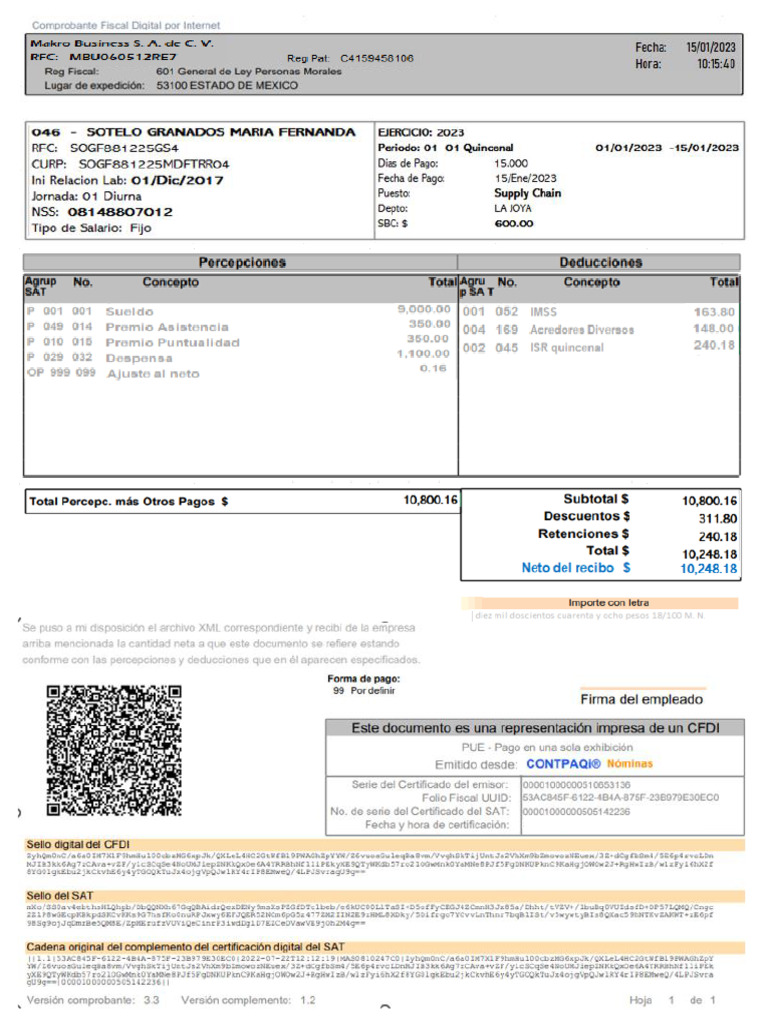 RECIBO NOM 1 ER QUINCENA ENE 23 | PDF