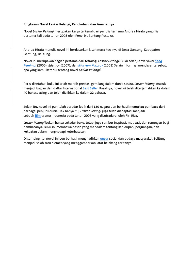 Ringkasan Novel Laskar Pelangi dan Amanatnya | PDF