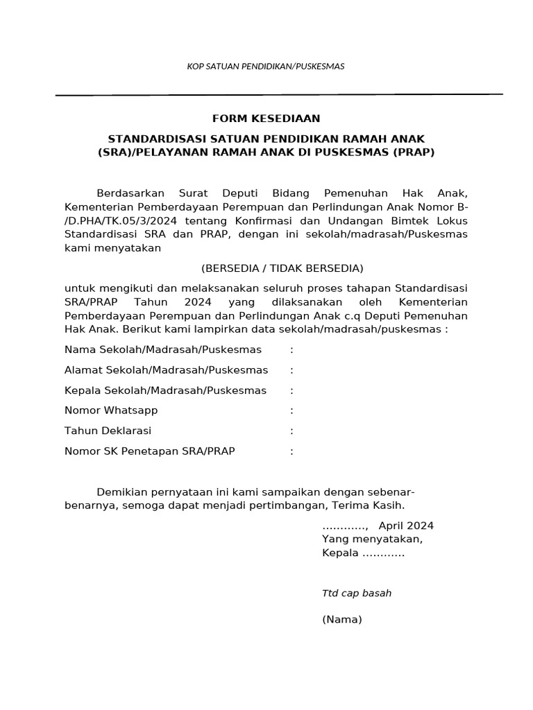 Form Kesediaan Standardisasi SRA/PRAP | PDF