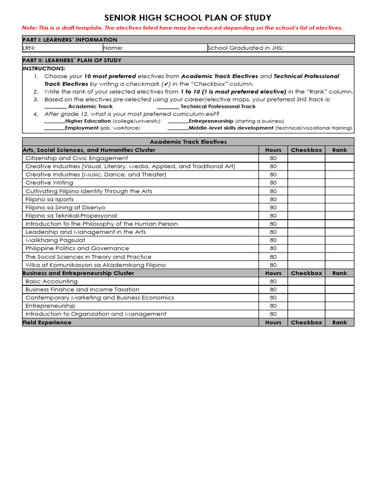 PRINTABLE TEMPLATE - SHS Plan of Study | PDF | Science