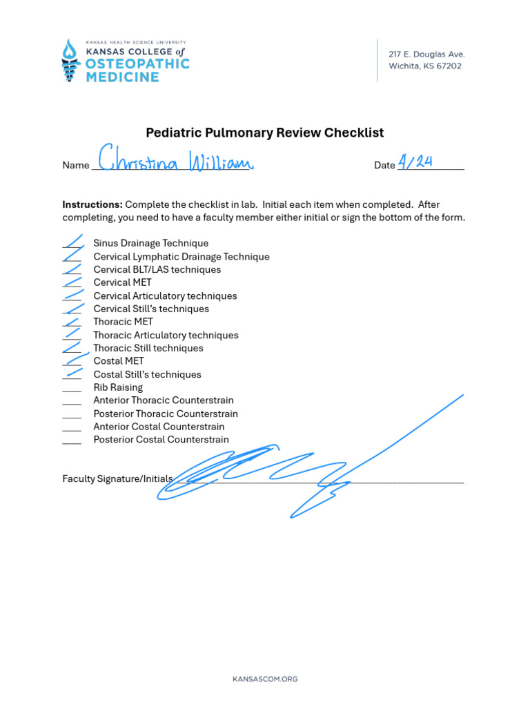 OMS I Pul Peds Review Skills Checklist | PDF