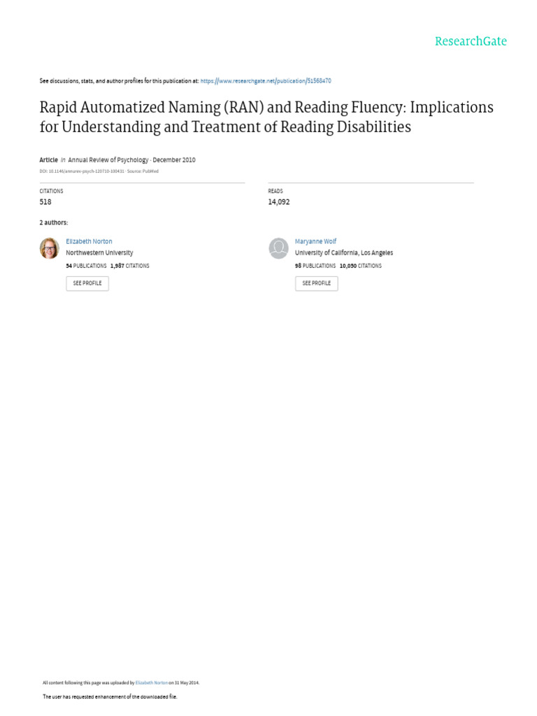 Rapid Automatized Naming (RAN) and Reading Fluency - Implications For Understanding and ...