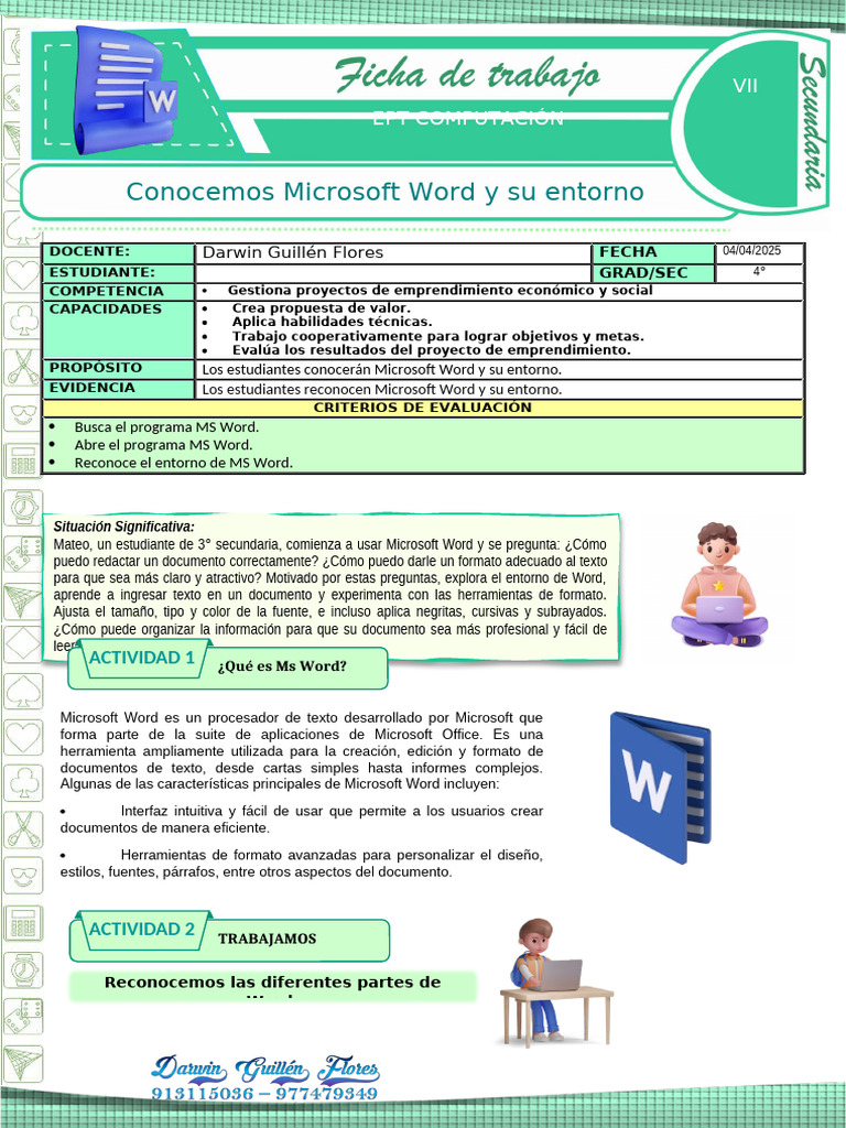 Ficha de Actividad Ept Compu Vii - Semana 1-4° | PDF | Microsoft Word | Microsoft