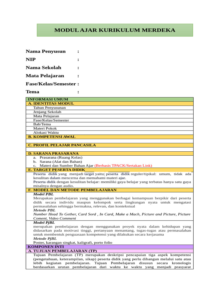 Template Modul Ajar Kumer | PDF